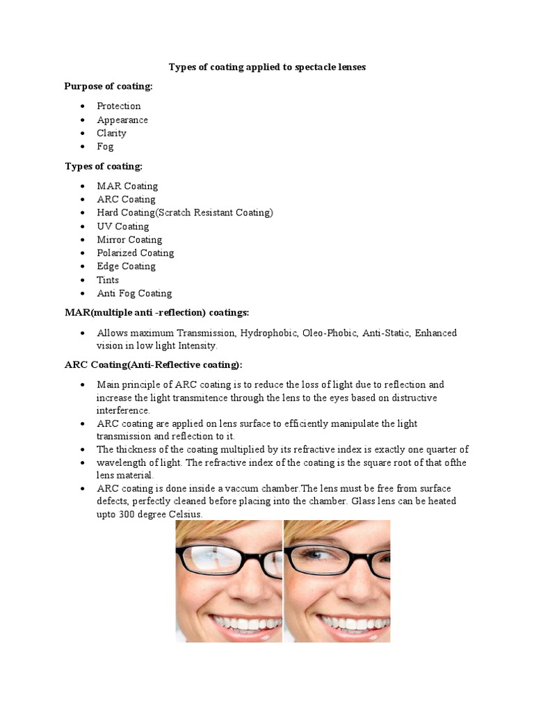 Types of Spectacle Lens Coatings | PDF | Ultraviolet | Optical Filter