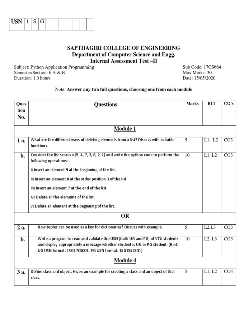17cs664 QP - 2 - IA2020 | PDF | Python (Programming Language) | Object (Computer Science)