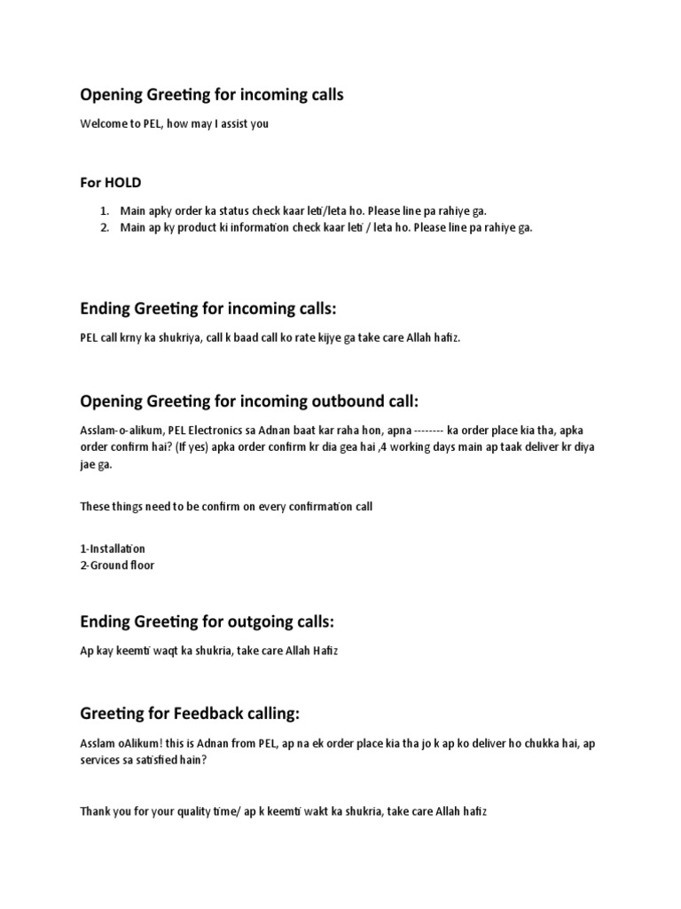 Opening Greeting For Incoming Calls | PDF
