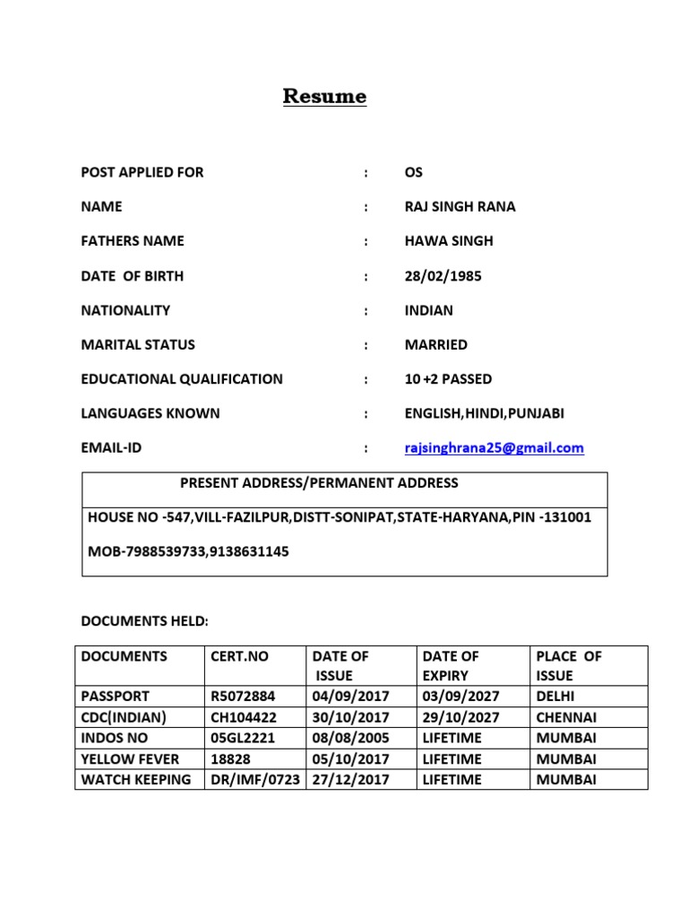 Raj Resume Seaman New Biodata PDF | PDF