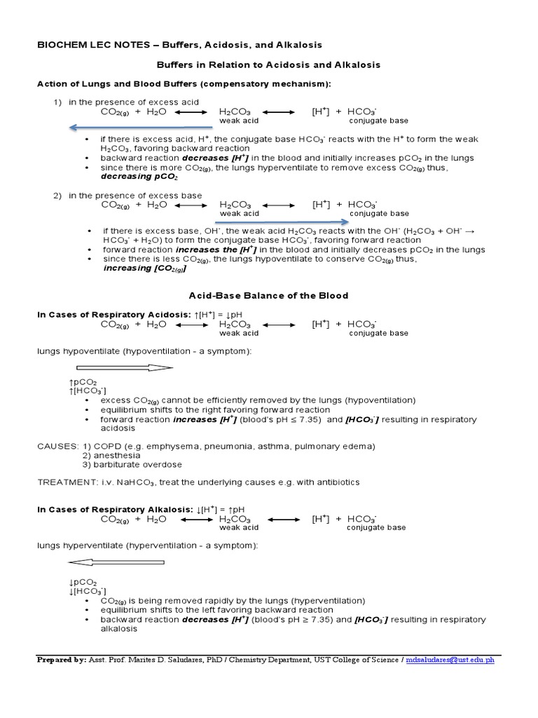 Lec Notes - Buffers, Acidosis, and Alkalosis | PDF | Bicarbonate ...