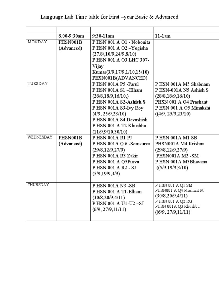 Language Lab Time Table For First - Year Basic & Advanced: Monday | PDF