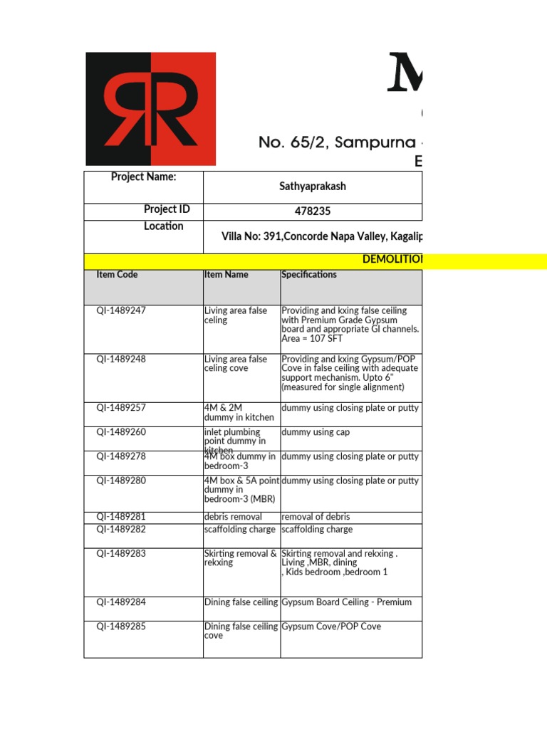 Sathyaprakash - FC and Demolition Quote | PDF | Plaster | Structural ...