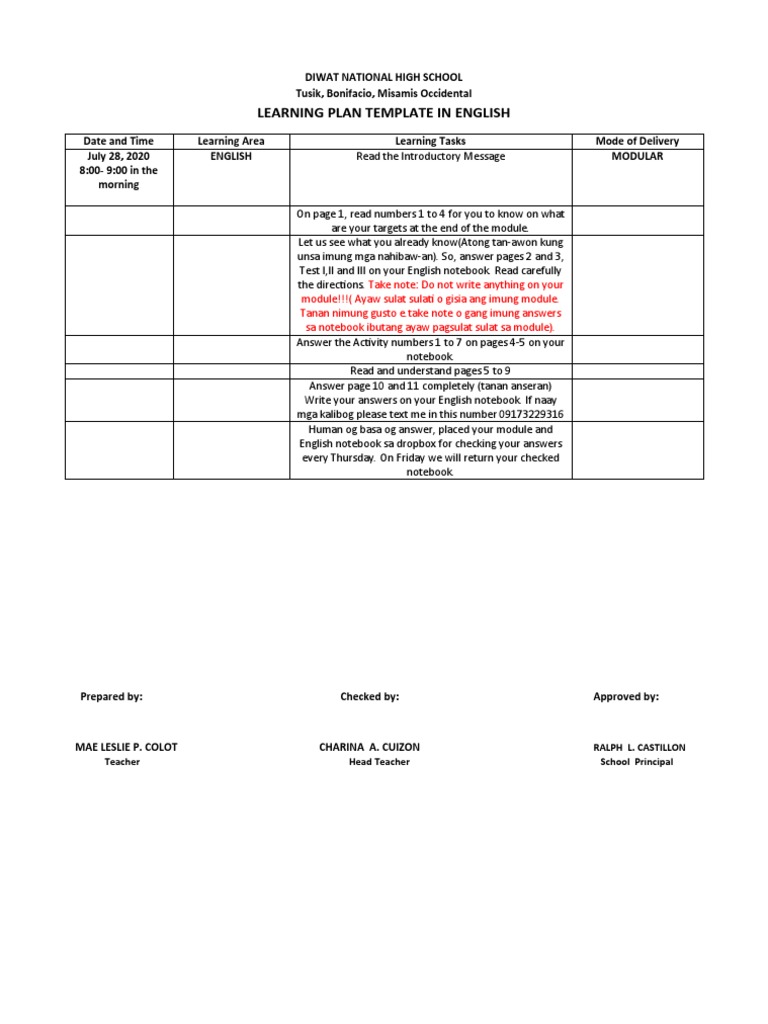Leslie Learning Plan-English | PDF
