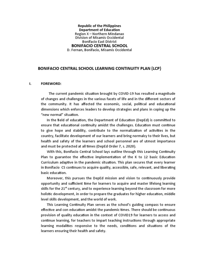 BCS Learning Continuity Plan - 2020 2021 | PDF | Hand Washing | Distance Education