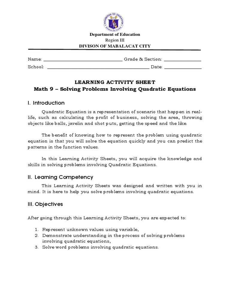 Learning Activity Sheet Math 9 - Solving Problems Involving Quadratic ...