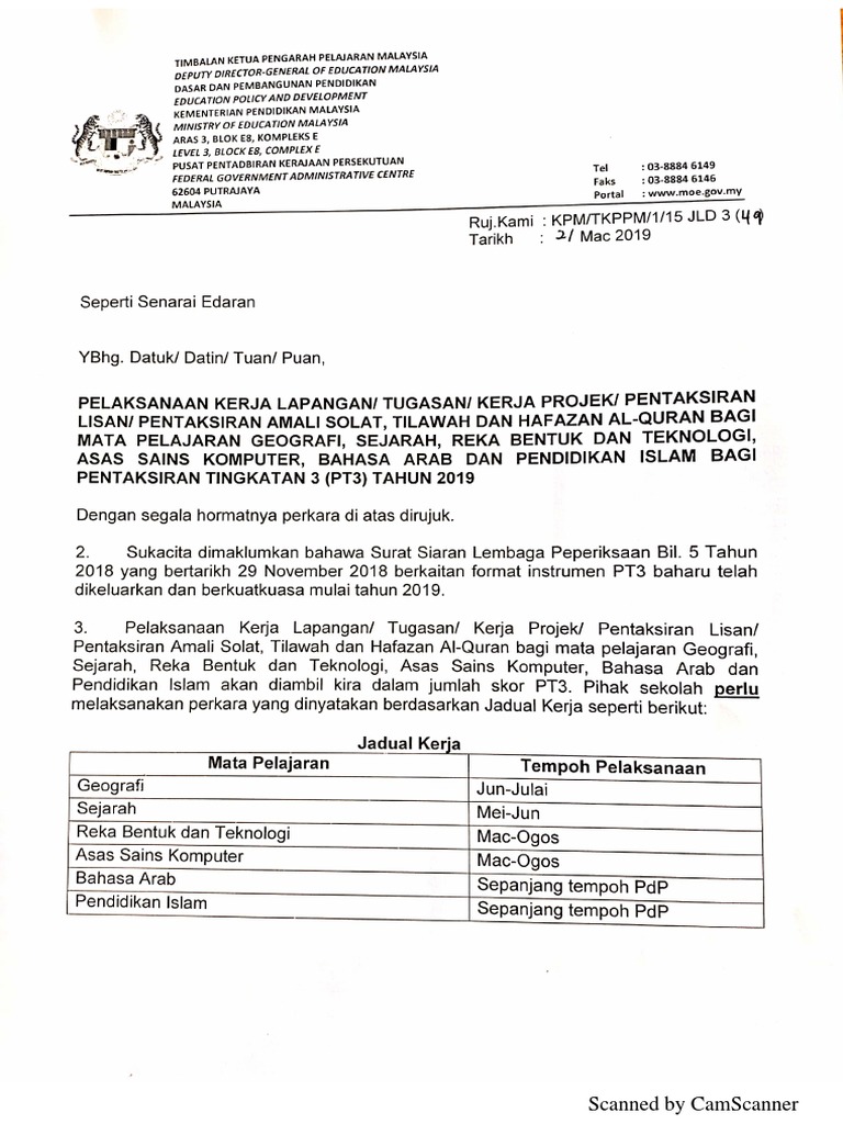 1 Surat Makluman Pelaksanaan PT3 PDF | PDF