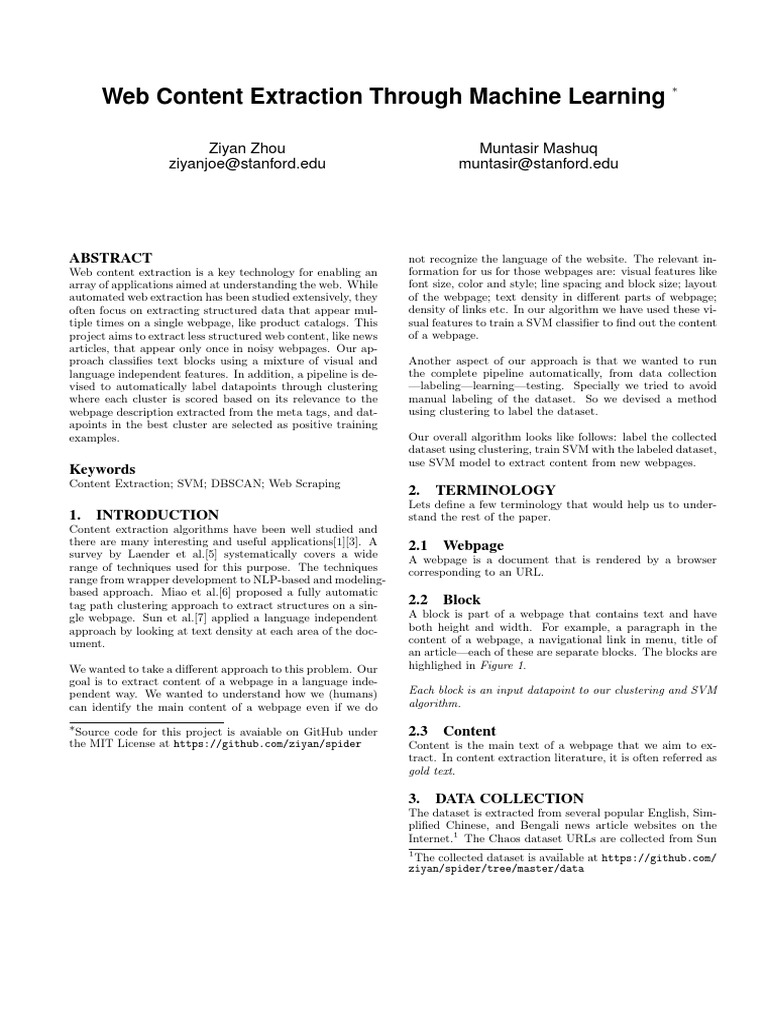 Web Content Extraction Through Machine Learning: Ziyan Zhou Ziyanjoe@stanford - Edu Muntasir ...