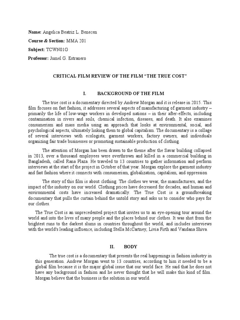 Critical Review of "The True Cost" Documentary | PDF | Clothing | Economies