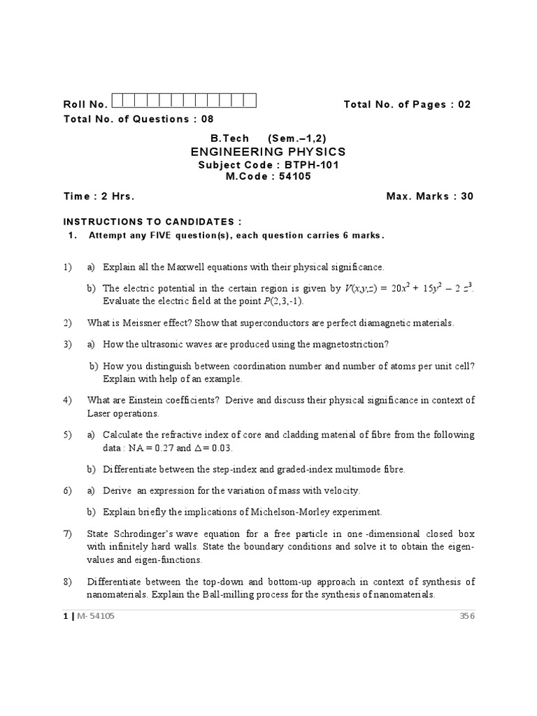 PTU B.Tech 1st Year Physics Exam Paper | PDF | Schrödinger Equation ...