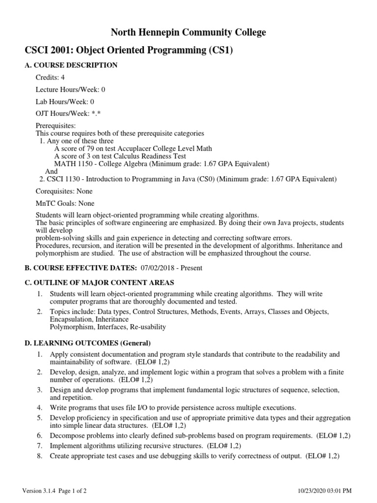 North Hennepin Community College CSCI 2001: Object Oriented Programming (CS1) | PDF | Computer ...