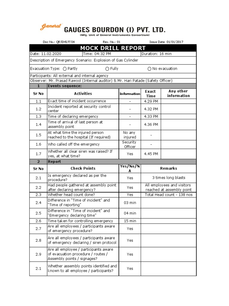 Mock Drill Report 1 | PDF | Emergency | First Aid