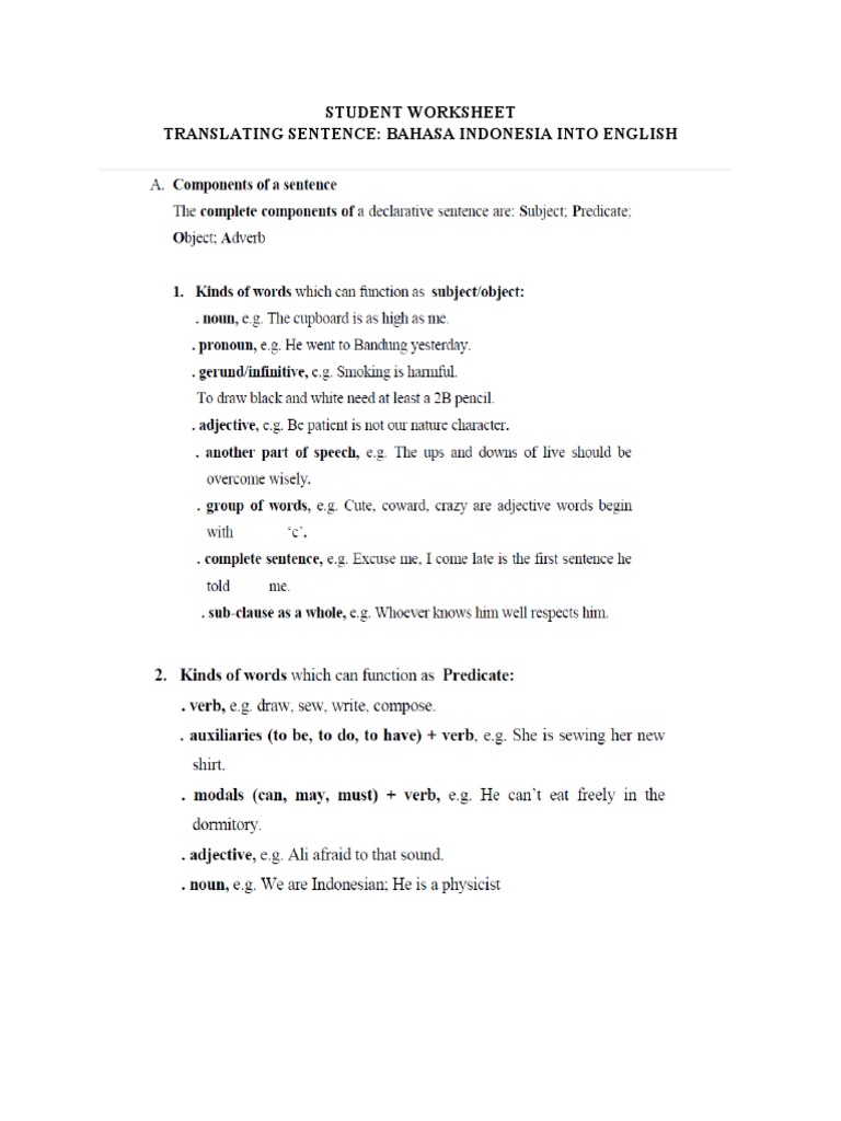 Student Worksheet Translating Sentence: Bahasa Indonesia Into English | PDF