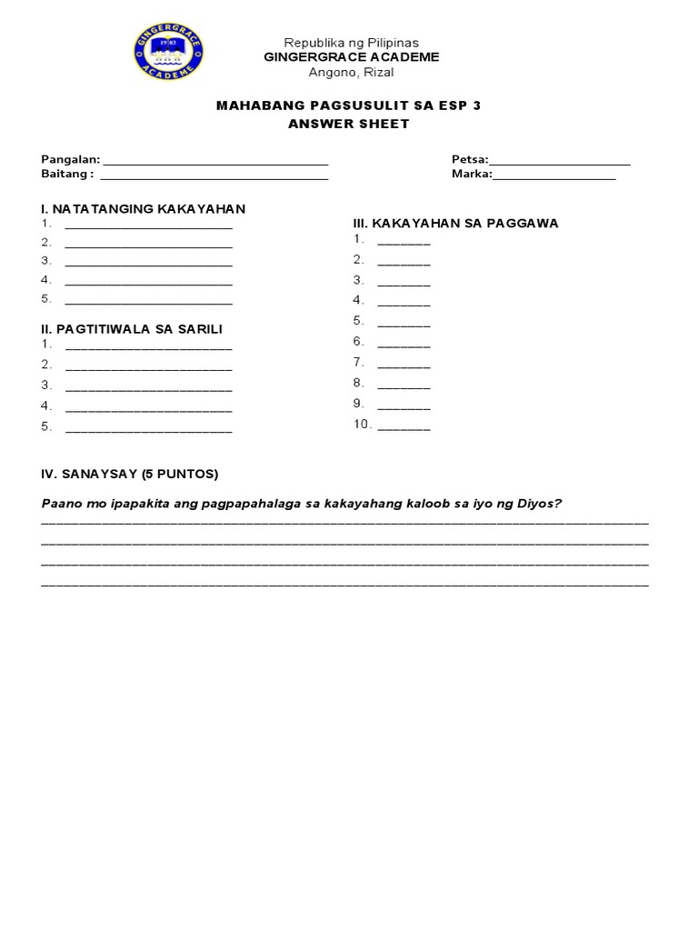 Answer Sheets (Q1 Long Quiz Esp) | PDF