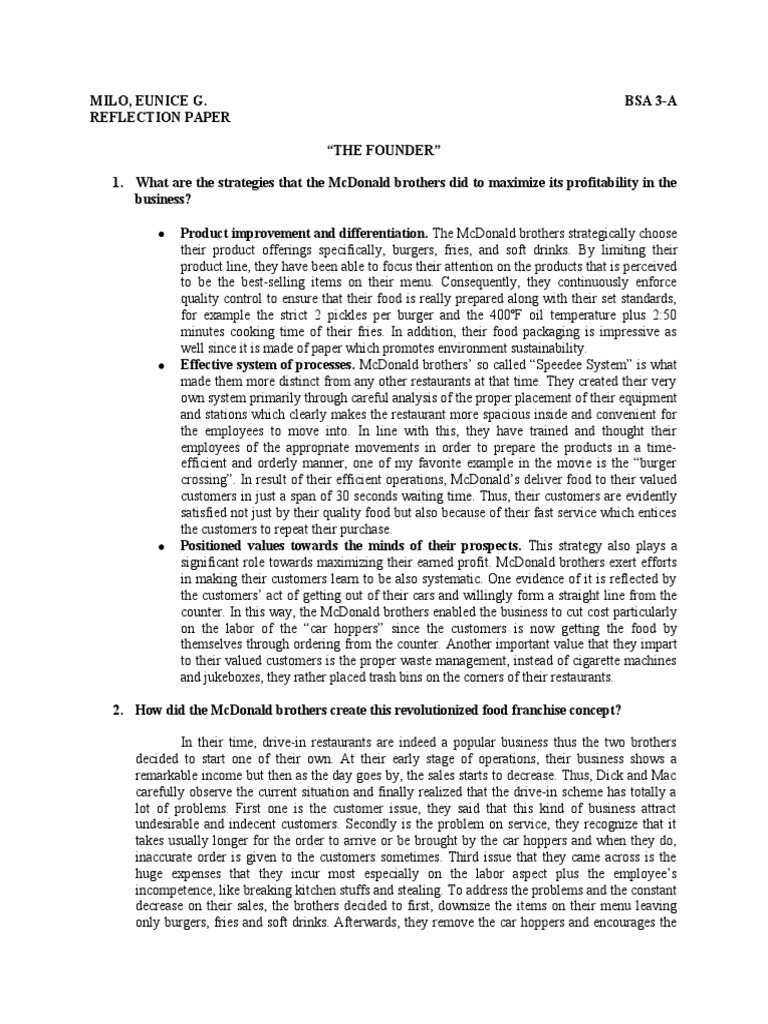 STRABA-Reflection Paper-The Founder | PDF | Mc Donald's | Franchising