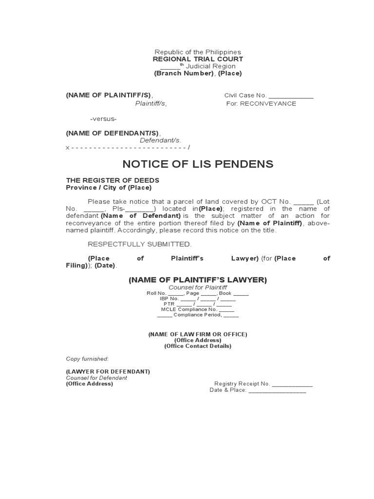 Sample Notice of Lis Pendens | PDF