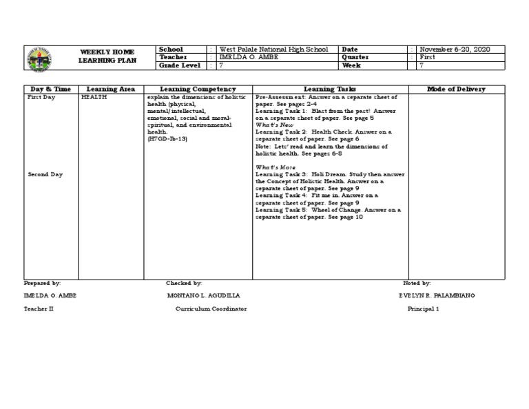 Weekly Home Learning Plan School Date Teacher Quarter Grade Level Week ...