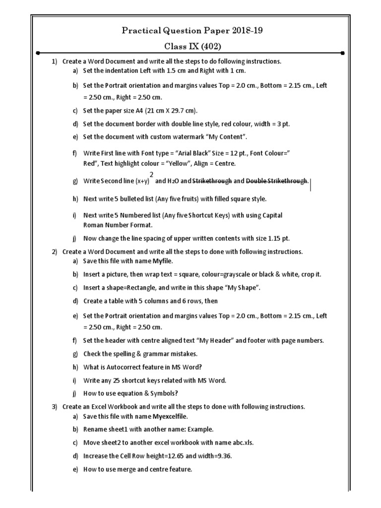 Practical Question Paper 2018-19 Class IX | PDF | Worksheet | Microsoft ...