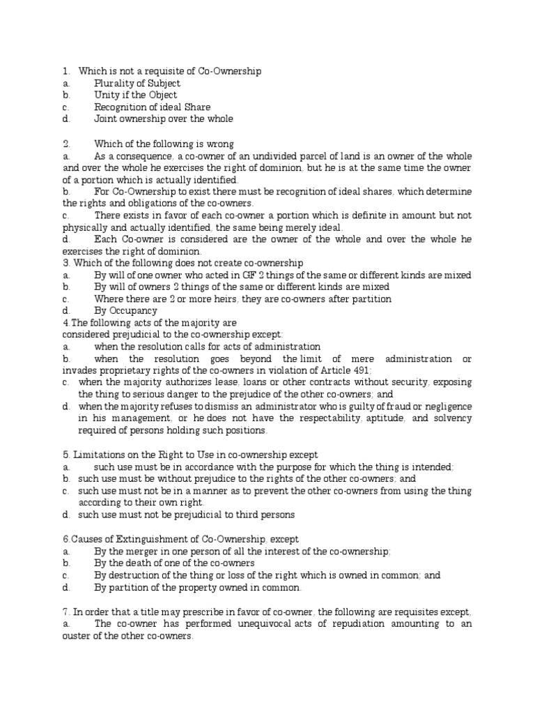 Co-Ownership Questions | PDF | Concurrent Estate | Adverse Possession