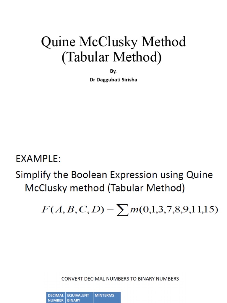 Quine Mcclusky Method (Tabular Method) : By, DR Daggubati Sirisha | PDF ...