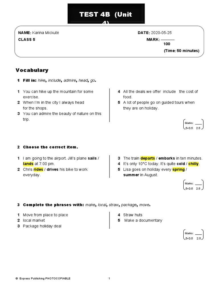 TEST 4B (Unit 4) : Vocabulary | PDF
