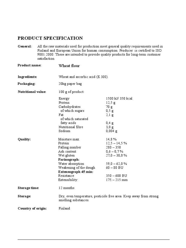 Wheat Flour Product Specification Sheet | PDF