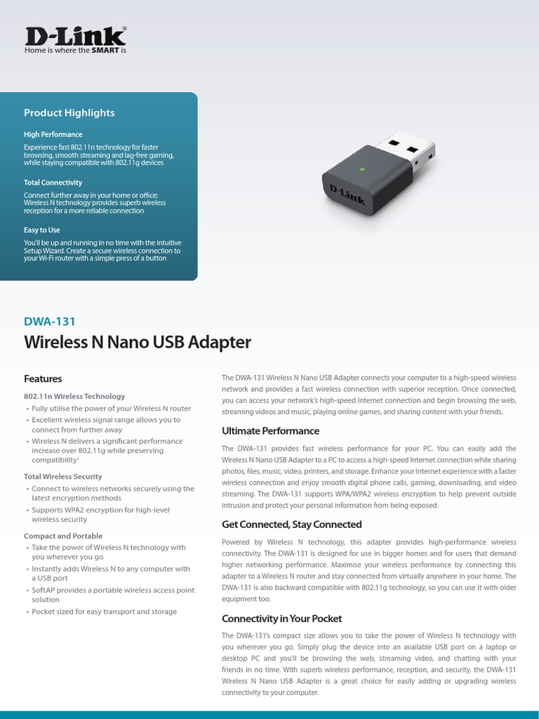 Wireless N Nano USB Adapter: Product Highlights | PDF | Wi Fi | Usb