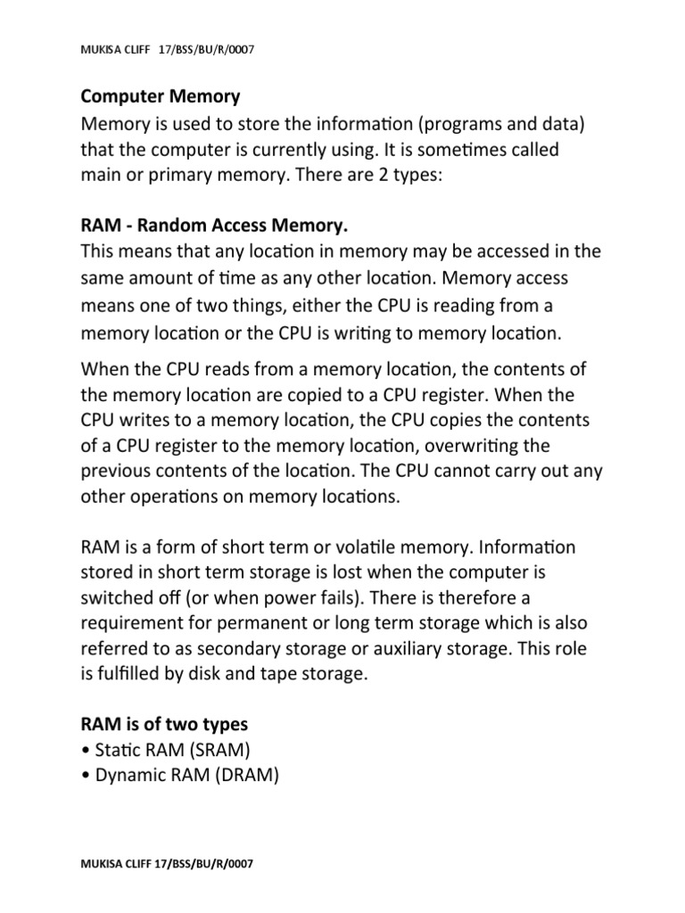 Computer Memory: Mukisa Cliff 17/Bss/Bu/R/0007 | PDF | Computer Data Storage | Random Access Memory