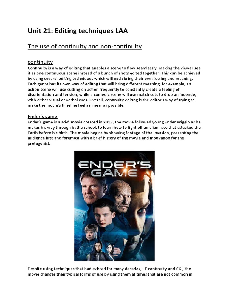 Unit 21: Editing Techniques LAA: The Use of Continuity and Non ...