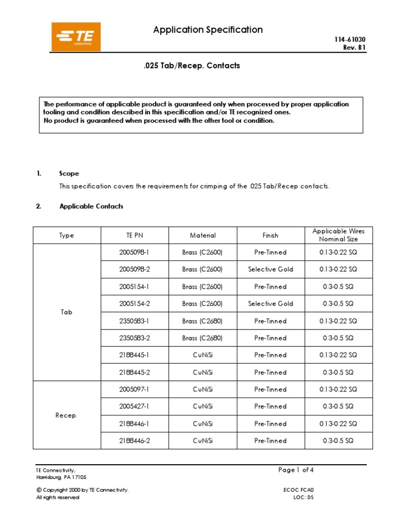 Tyco Terminal - Product Specification PDF | PDF | Electrical Components ...