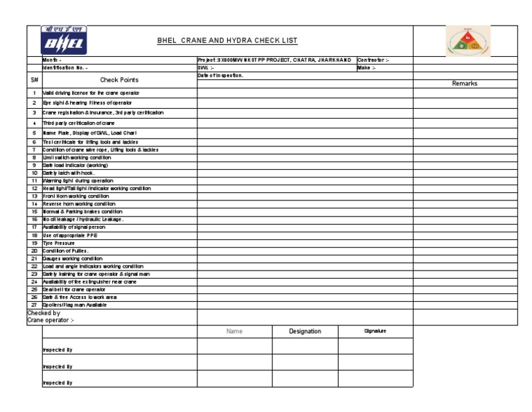 BHEL Crane & Hydra Check List | PDF