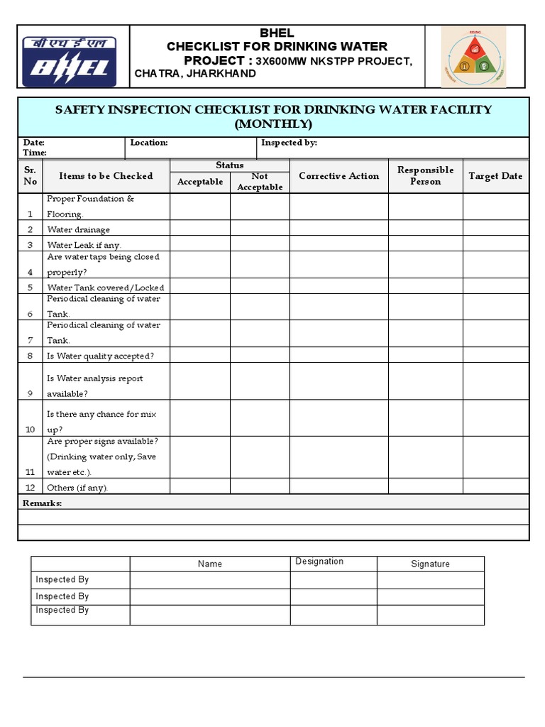 BHEL Safety Inspection For Drinking Water Facility - Monthly | PDF