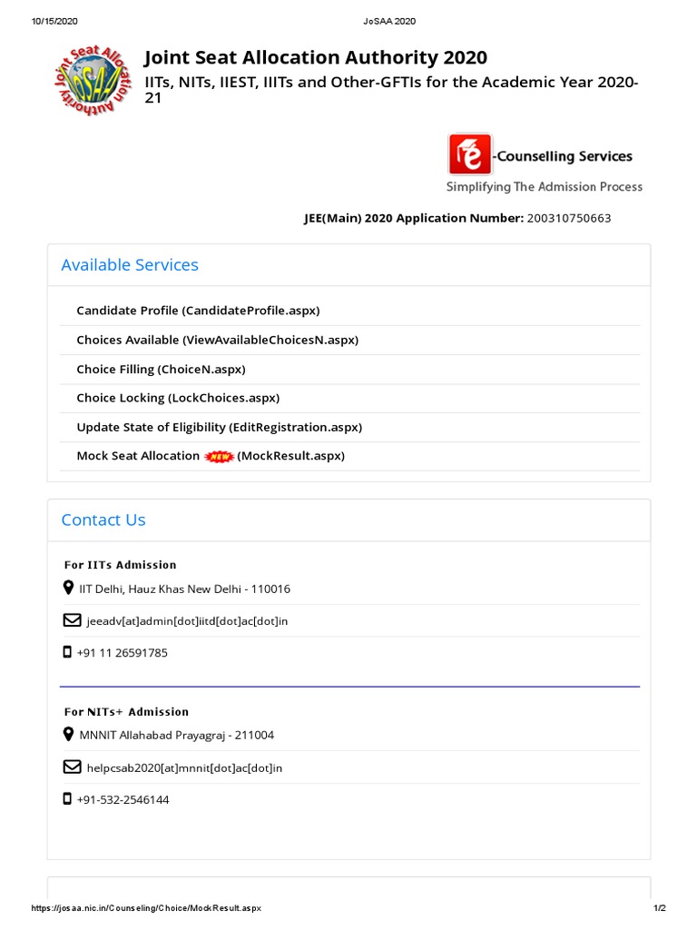 Joint Seat Allocation Authority 2020: Iits, Nits, Iiest, Iiits and Other-Gftis For The Academic ...