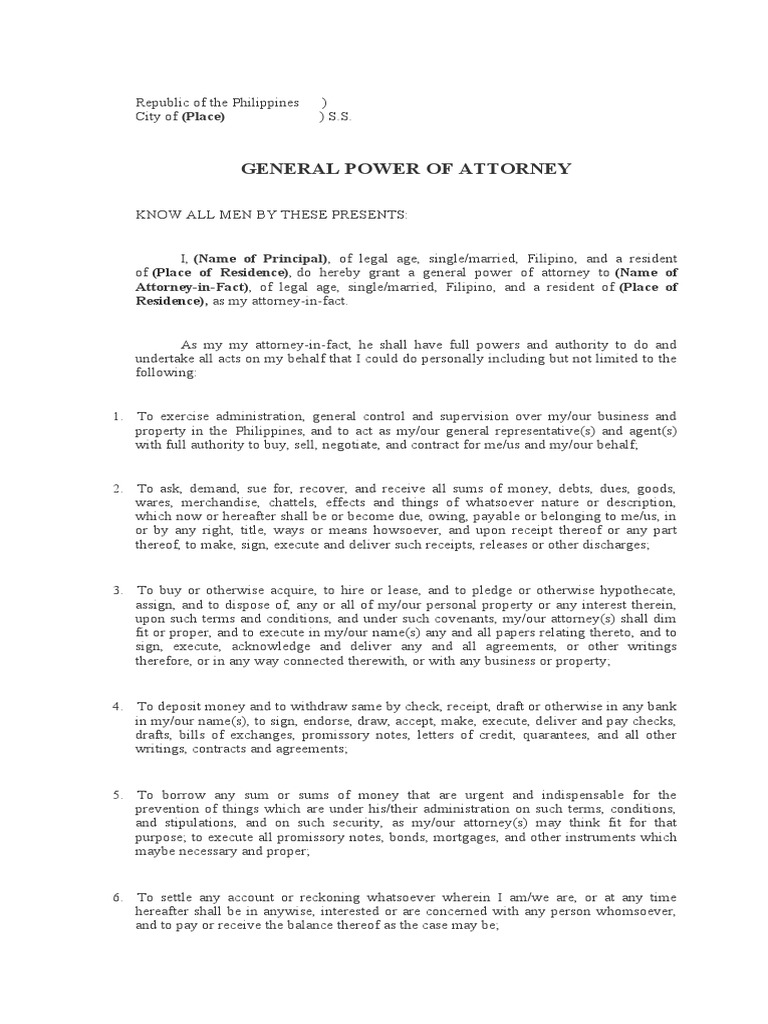 Sample General Power of Attorney | PDF | Power Of Attorney | Promissory ...
