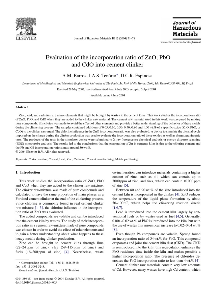 Evaluation of The Incorporation Ratio of Zno, Pbo and Cdo Into Cement Clinker | PDF | Cement ...