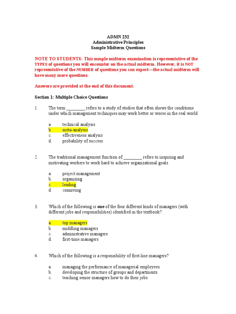 ADMN 232 Administrative Principles Sample Midterm Questions: Types NOT Number | PDF | Goal ...