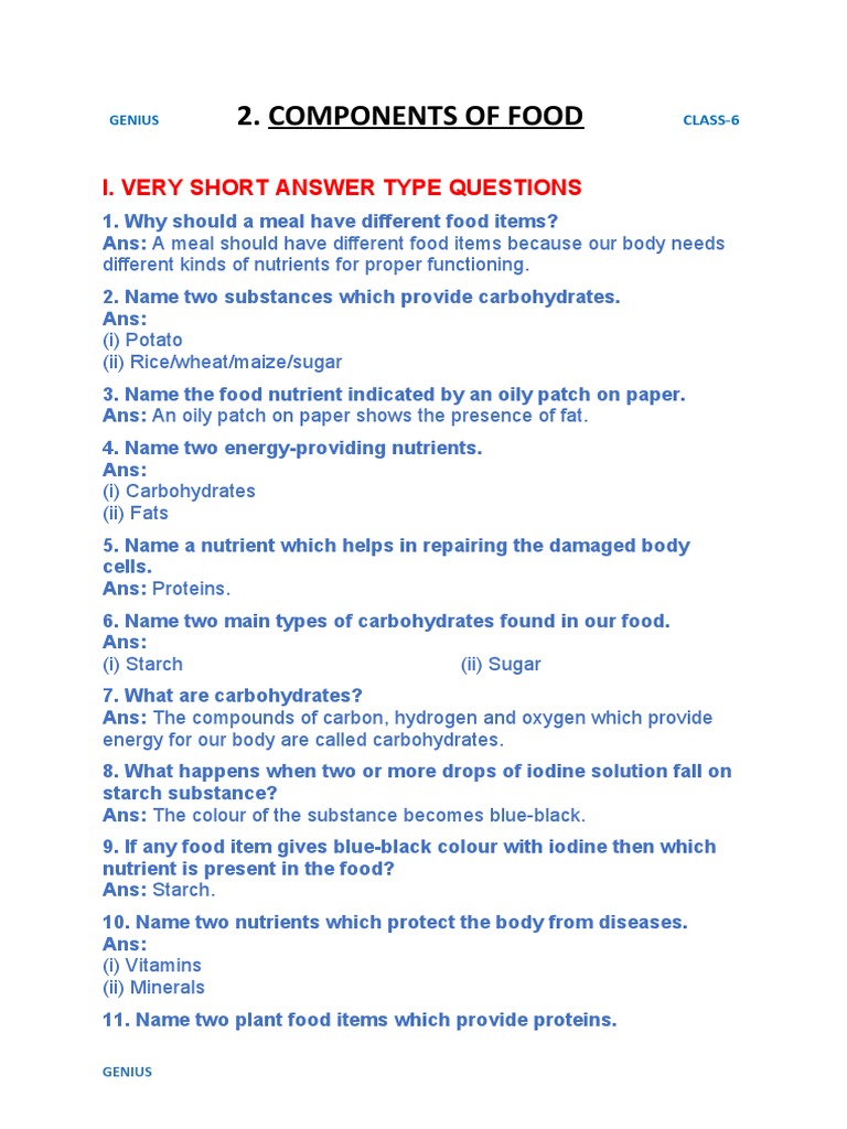 Components of Food Class 6 | PDF | Nutrients | Vitamin