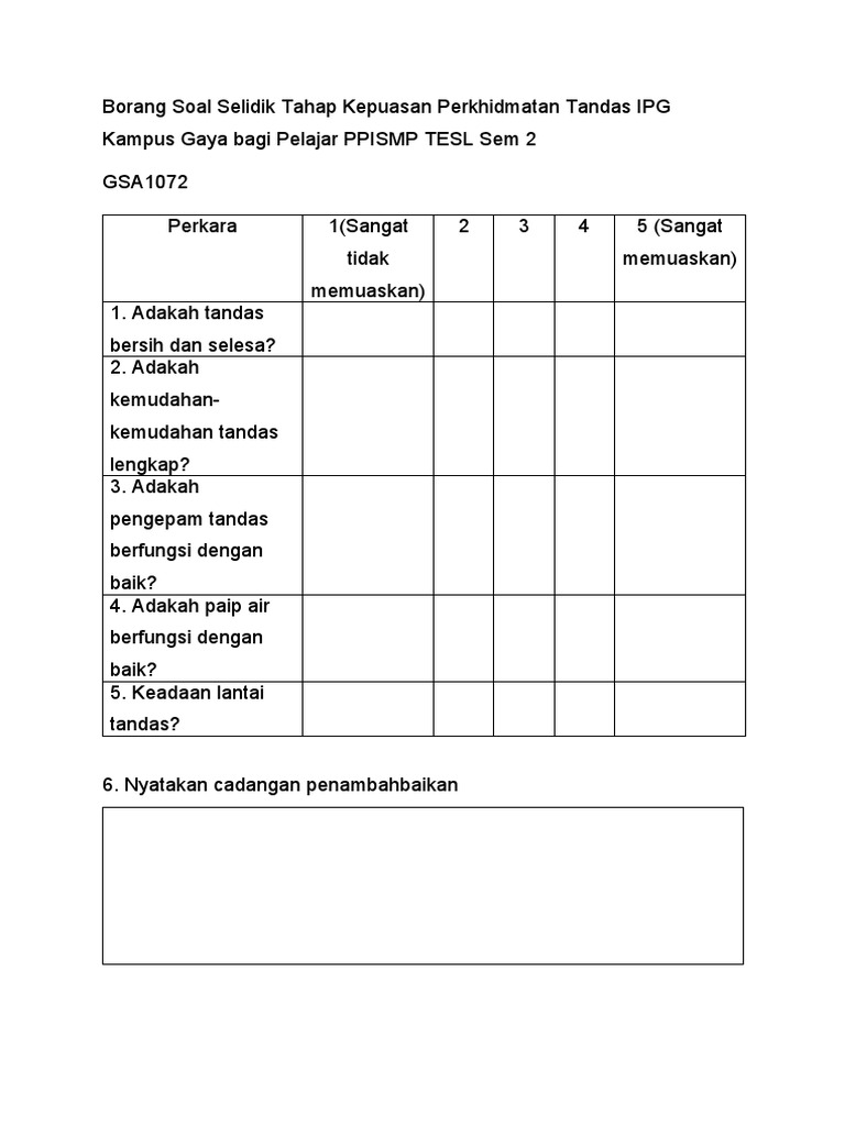 Borang Soal Selidik Tahap Kepuasan Perkhidmatan Tandas IPG Kampus Gaya ...