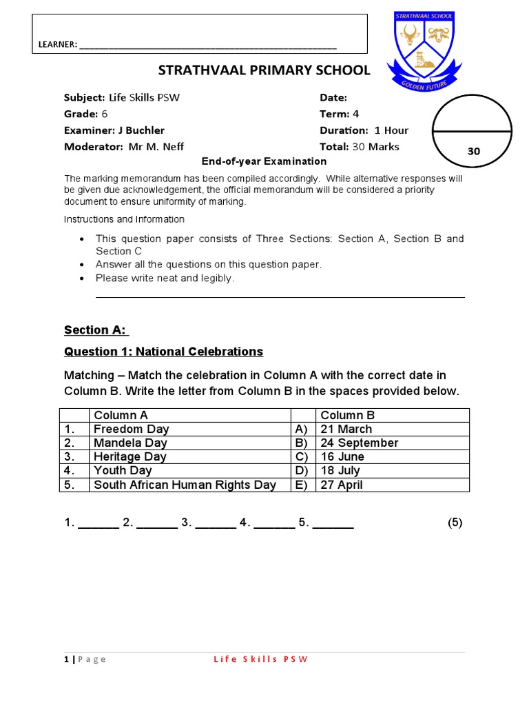 Grade 6 PSW Yearend Question Paper | PDF | Common Cold | Influenza
