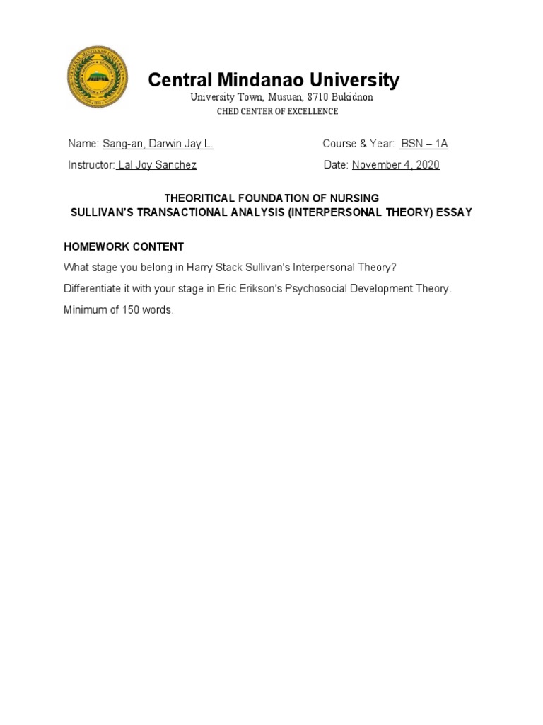 Sullivan's Transactional Analysis (Interpersonal Theory) Essay | PDF