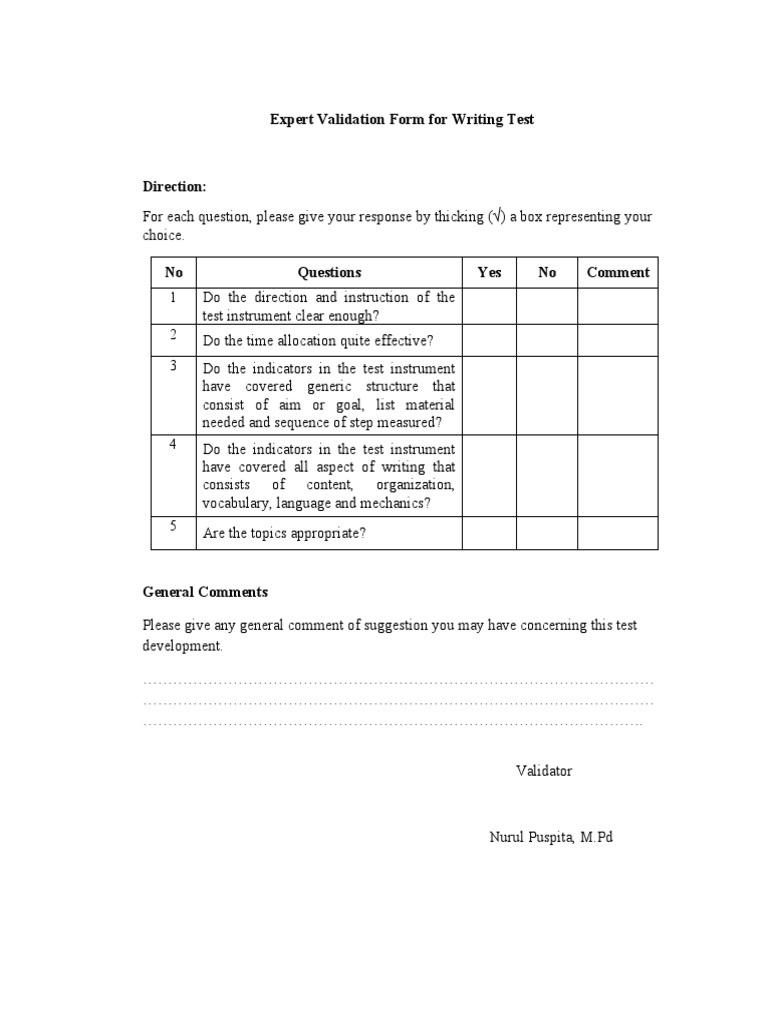 APPENDIX 11 Expert Validation Form for Writing Test