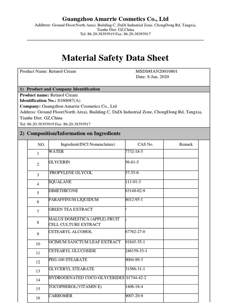 MSDS-Neutriherbs Retinol Cream | PDF | Toxicity | Hygiene