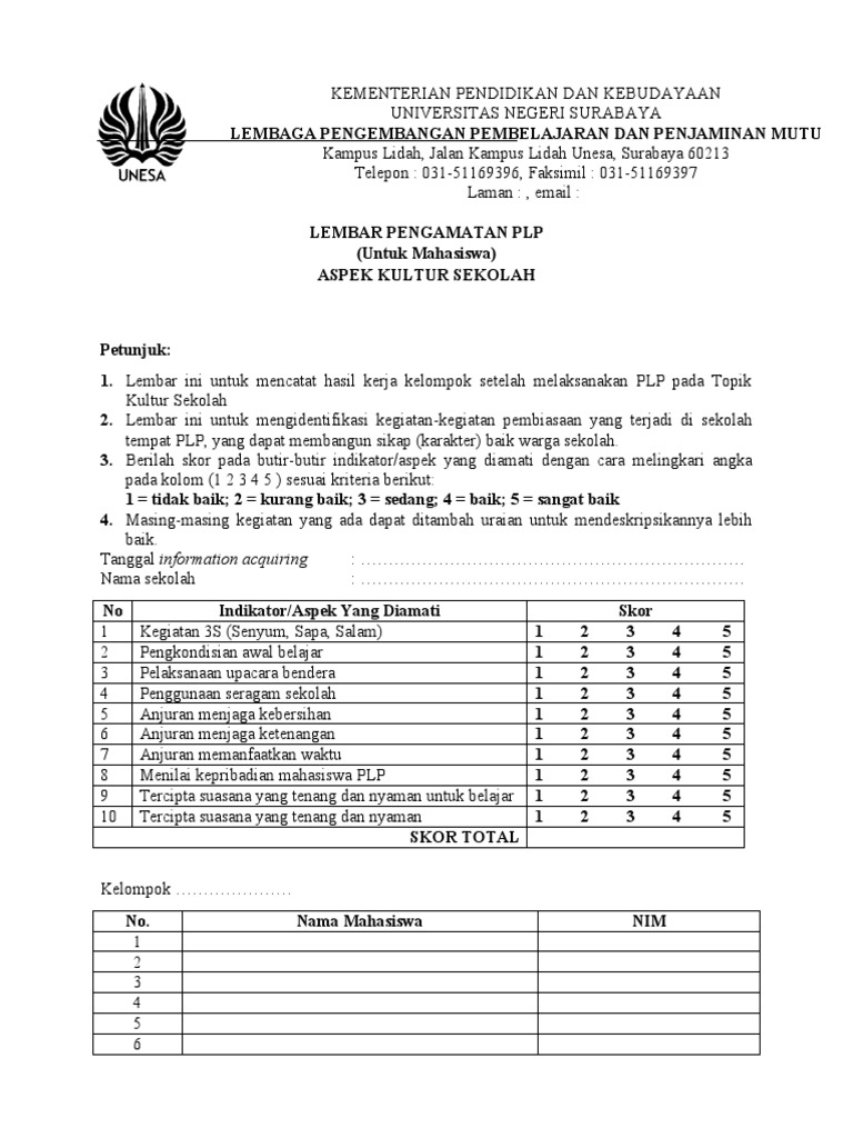 Lembar Pengamatan Plp-Untuk Mahasiswa | PDF