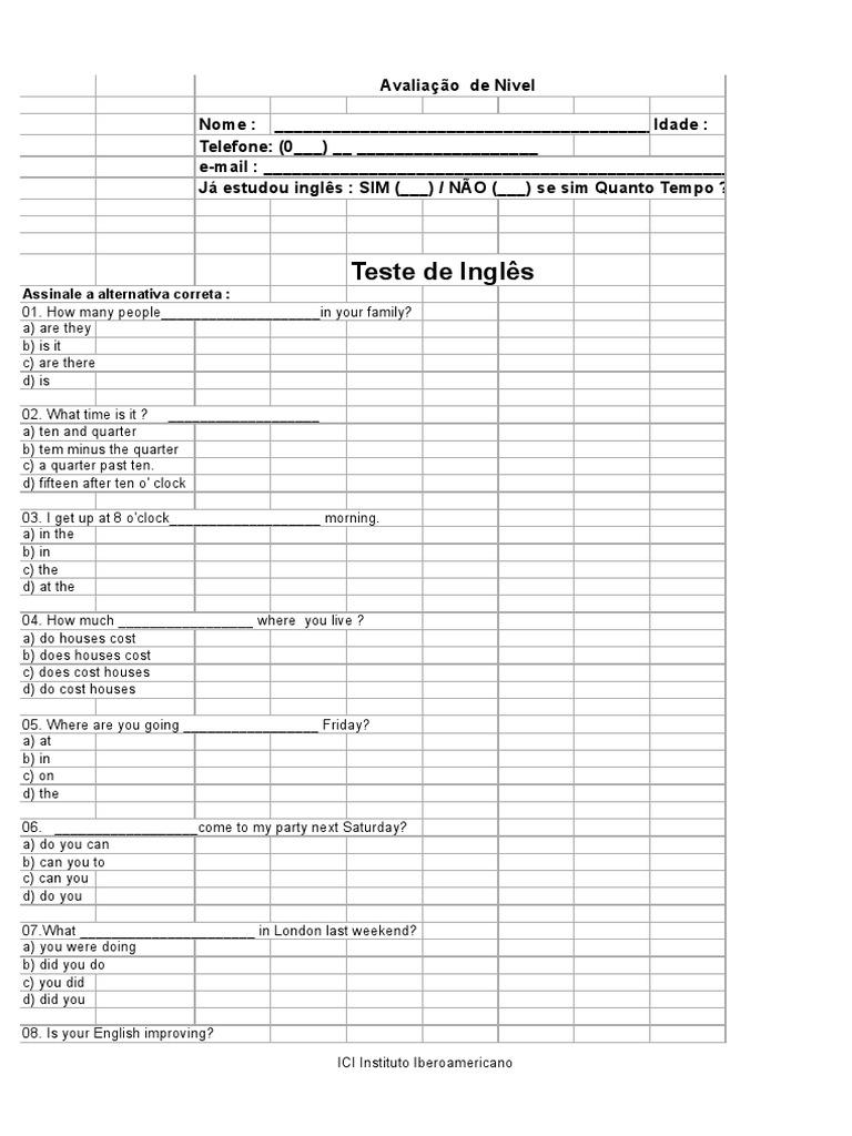 Teste de Inglês: Assinale A Alternativa Correta | PDF