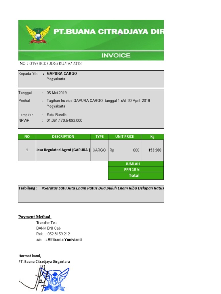 Set of Monthly Invoice Documents from PT Buana Citradjaya Dirgantara to ...