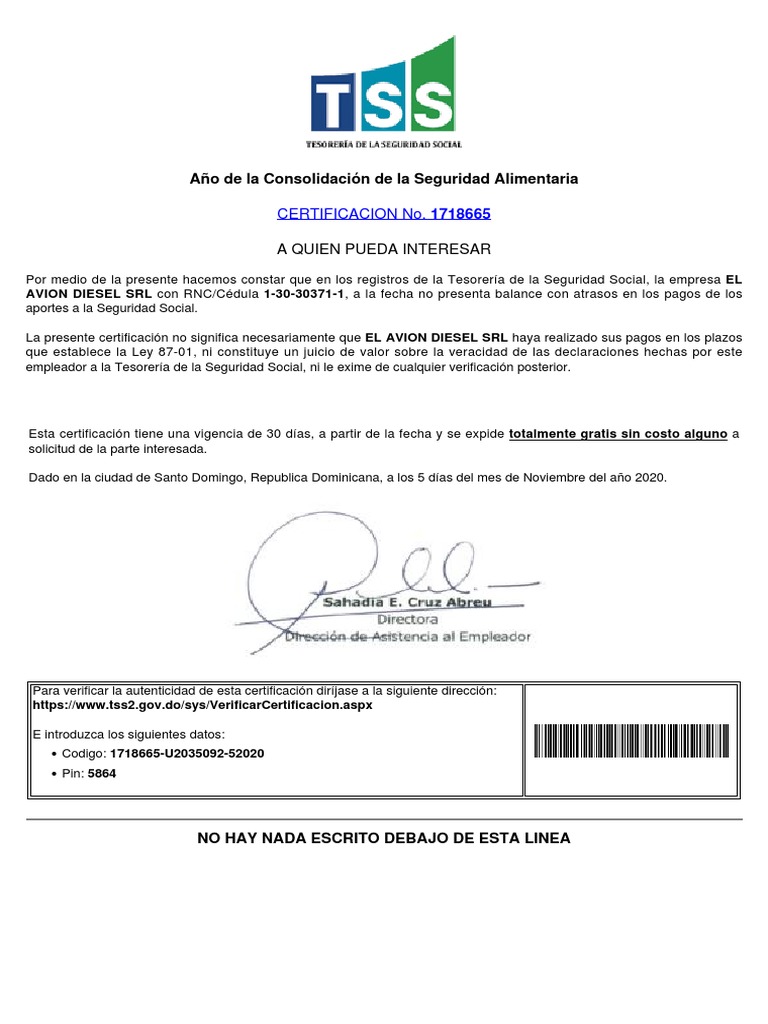 Certificación TSS de El Avión Diesel SRL | PDF | Derecho