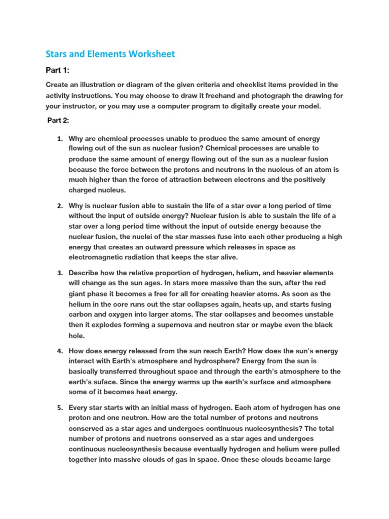 Stars and Elements Worksheet: Part 2 | PDF | Stars | Nuclear Fusion