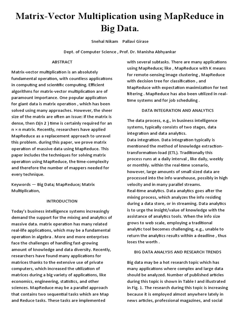 Matrix-Vector Multiplication Using MapReduce in Big Data. | PDF | Big Data | Map Reduce
