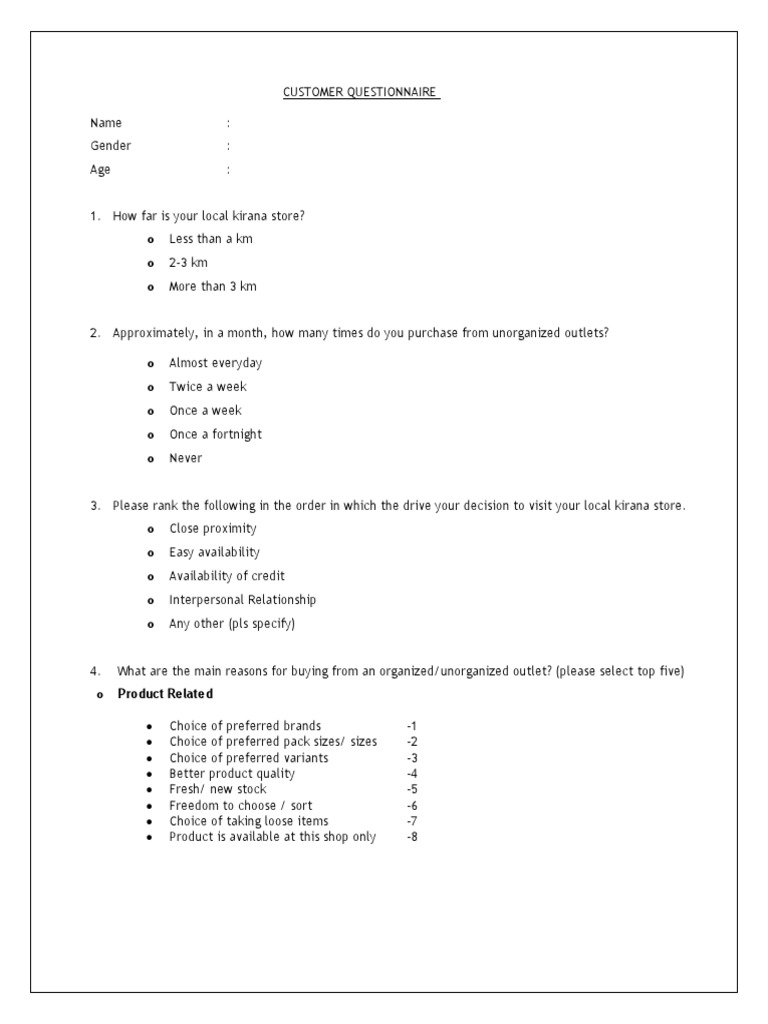 Retail Customer Questionnaire | PDF | Retail | Convenience Store
