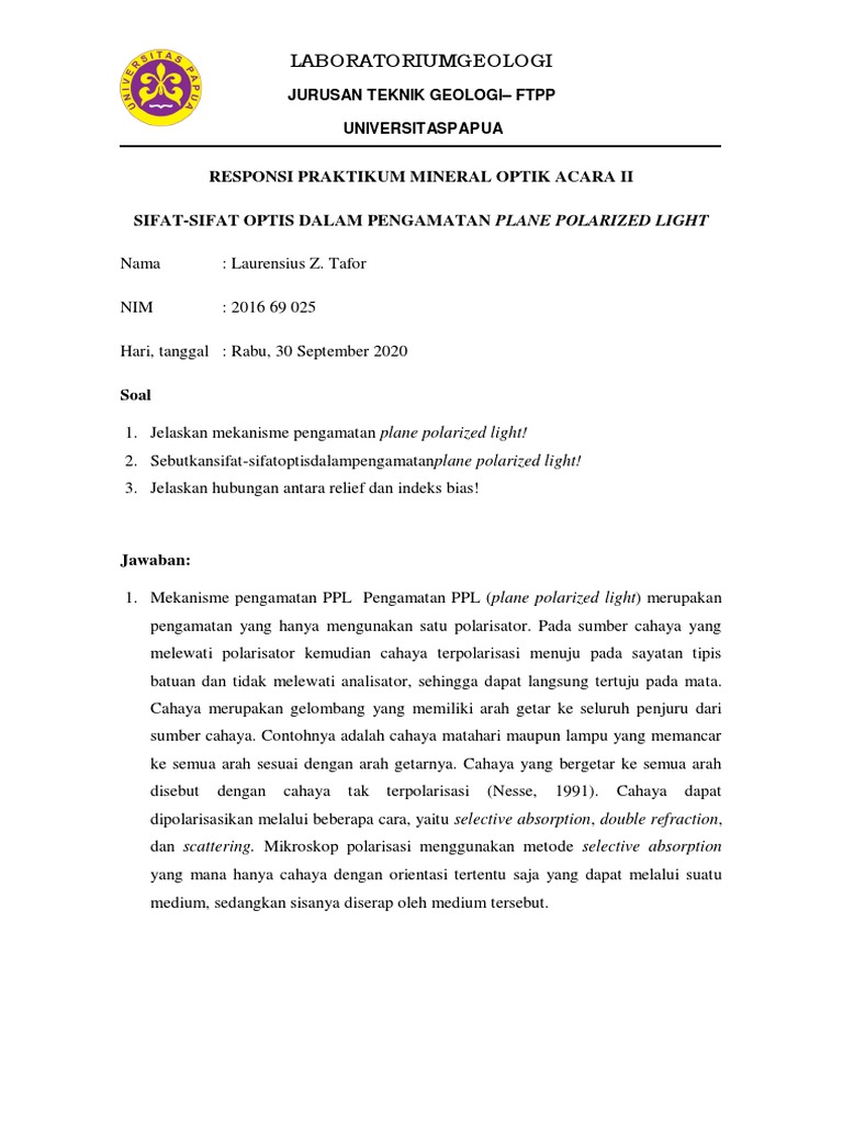 RESPONSI PRAKTIKUM MINERAL OPTIK ACARA II LZT Fixed | PDF